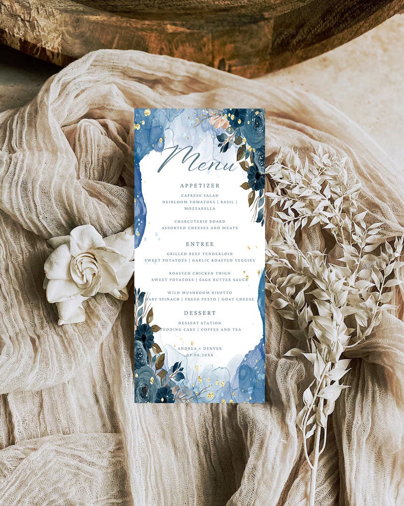 Floral Blue Wedding Menu Template, Floral Wedding Menu Card Template ...