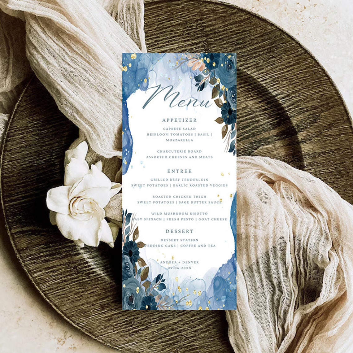 Floral Blue Wedding Menu Template, Floral Wedding Menu Card Template ...