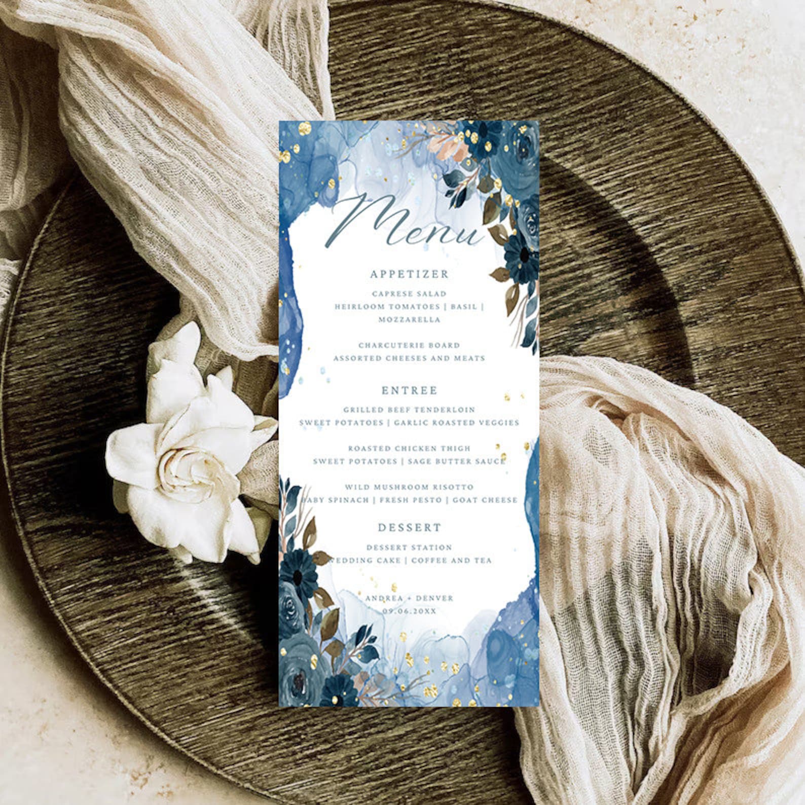 Floral Blue Wedding Menu Template, Floral Wedding Menu Card Template ...