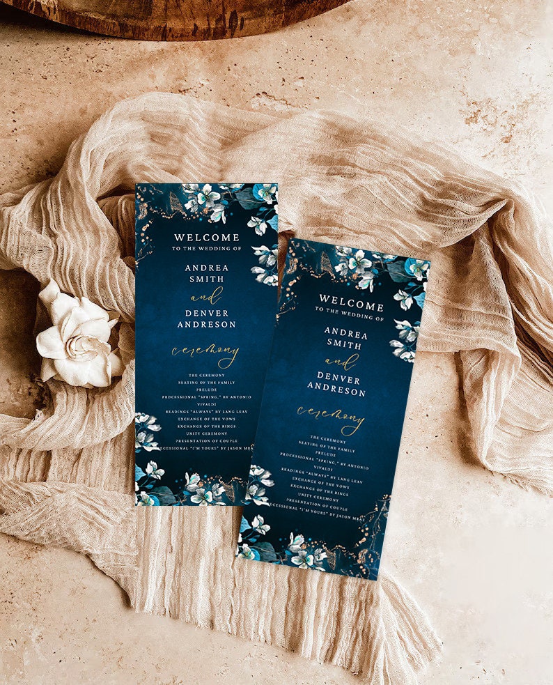 Floral Navy Wedding Program, Order of Events, Navy Blue Wedding ...