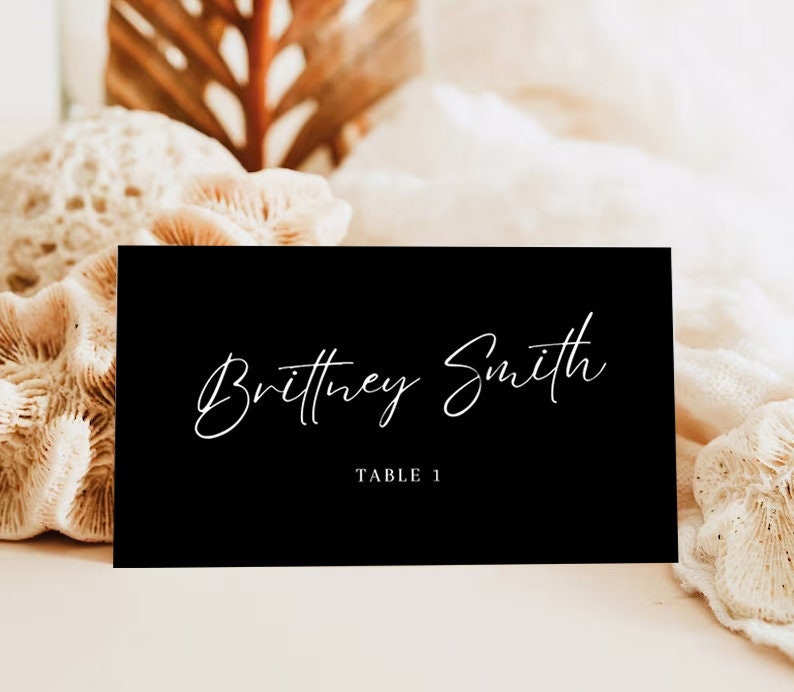 Black Minimalist Place Card Template, Editable Place Card Template ...