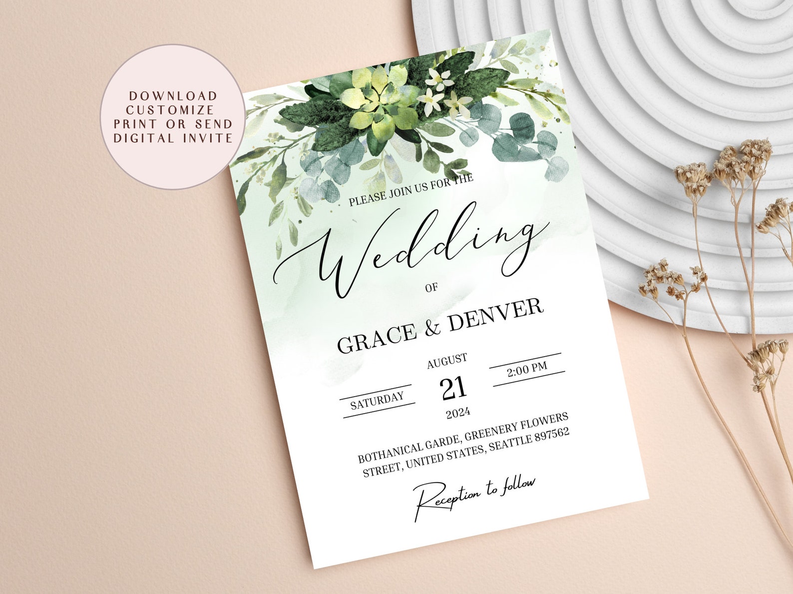 Greenery Invite Template, Greenery Modern Wedding Set, Rustic Greenery ...