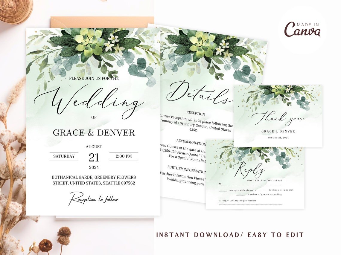 Greenery Invite Template, Greenery Modern Wedding Set, Rustic Greenery ...