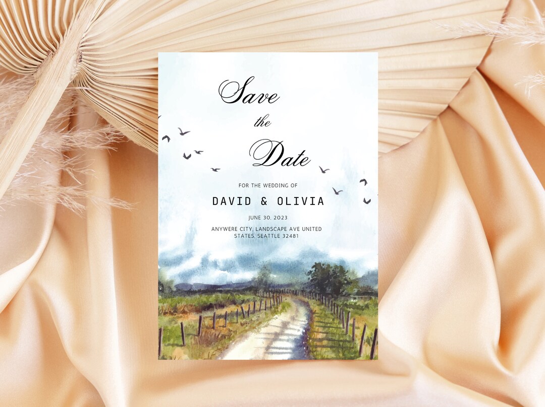 Watercolor Landscape Save the Date Template, Watercolor Landscape ...
