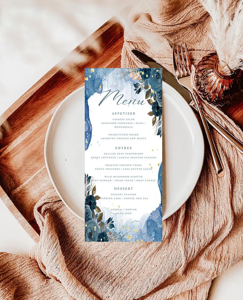 Floral Blue Wedding Menu Template, Floral Wedding Menu Card Template ...