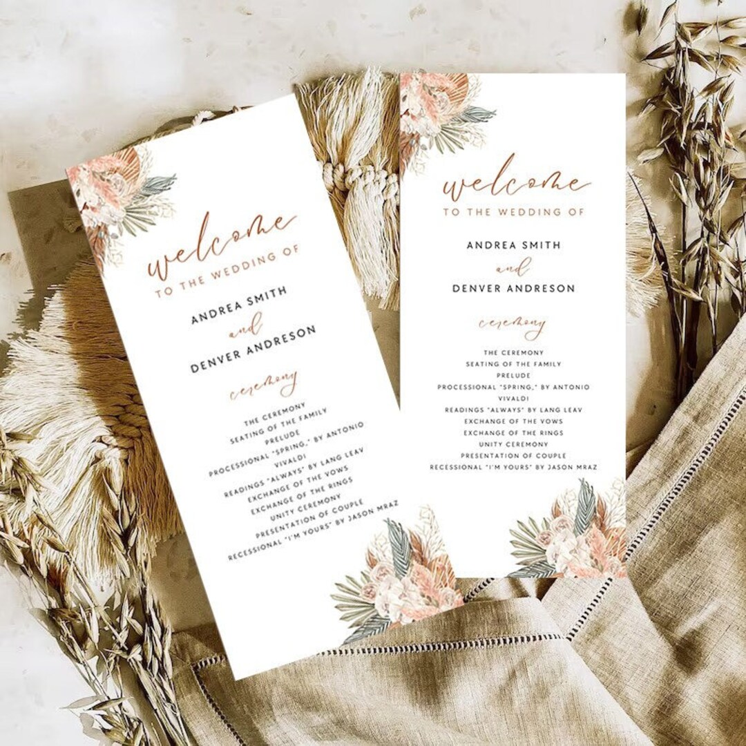 Boho Wedding Ceremony Card, Wedding Programe Card, Editable Program ...