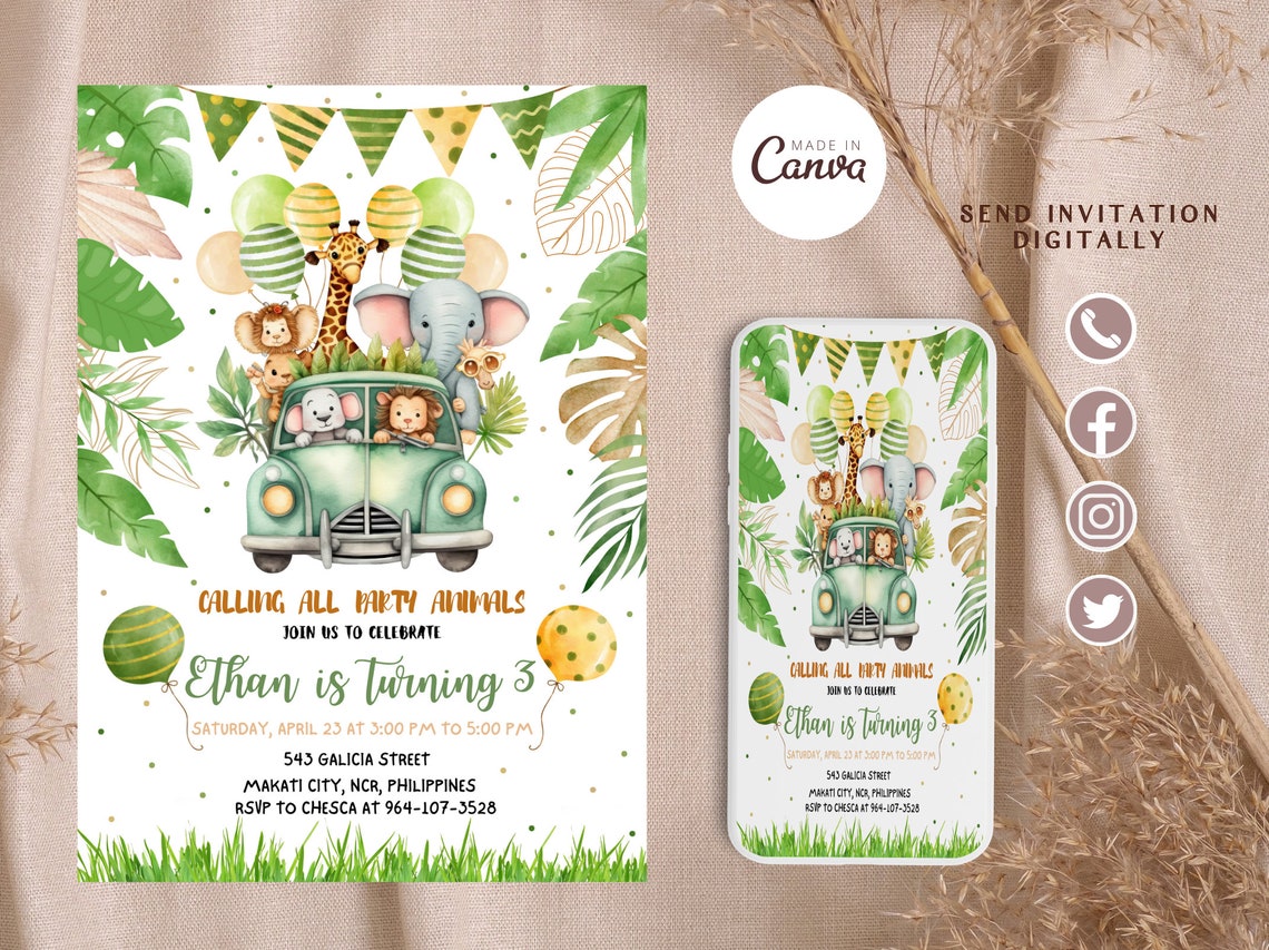 Editable Cute Safari Animals Birthday Invitation Tropical Jungle ...