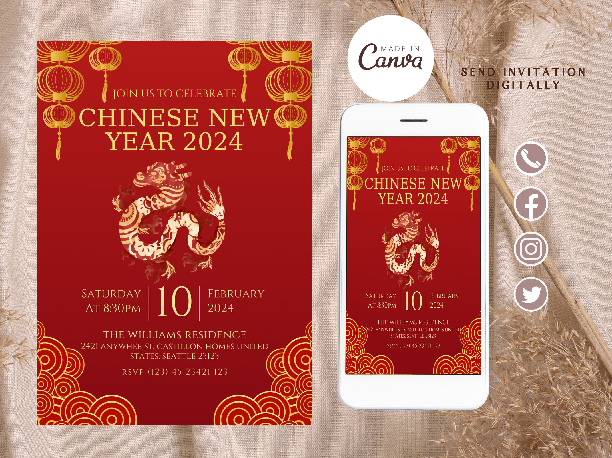 Chinese New Year Party Invitation Template, Year of the Dragon Invite ...