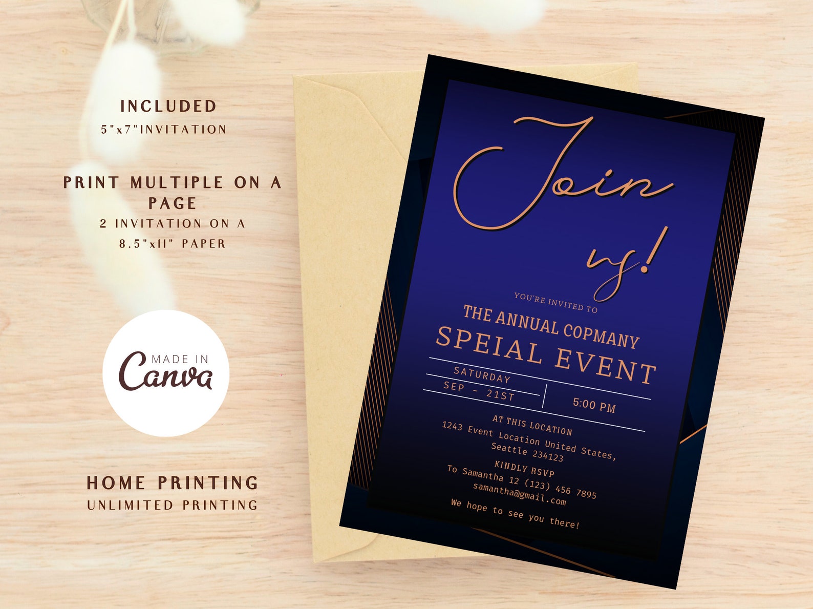 Editable Elegant Modern Navy Blue Event Invitation, Minimalist Event ...
