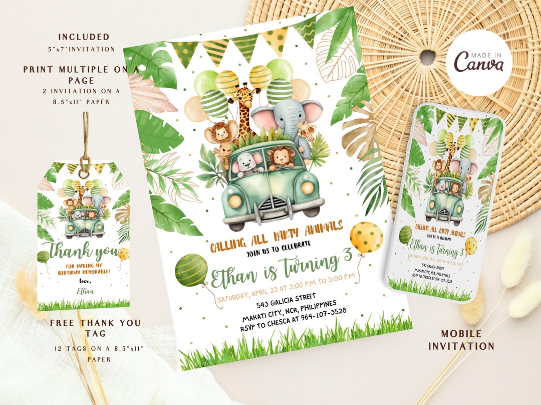 Editable Cute Safari Animals Birthday Invitation Tropical Jungle ...