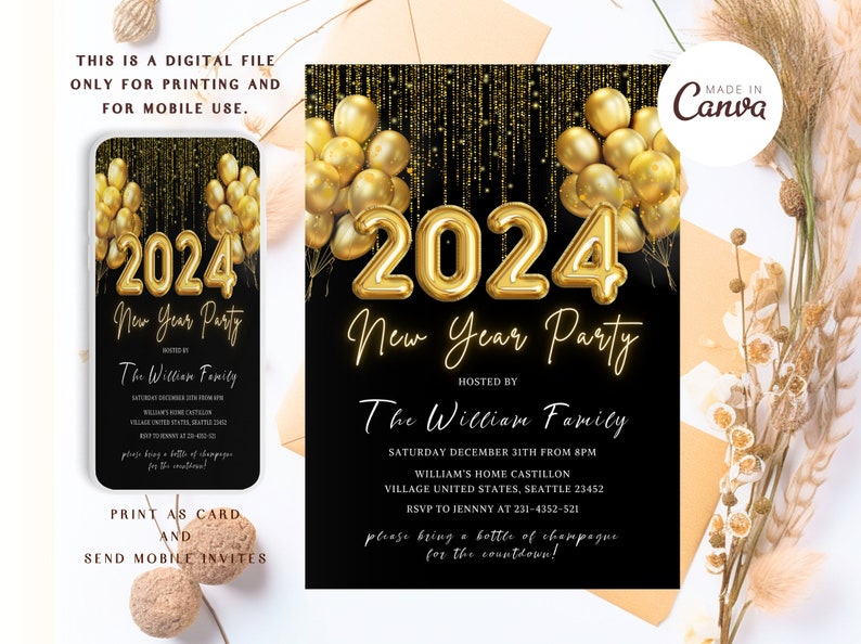 Editable New Years Eve Party Invitation, Gold Glitter New Year Invite ...