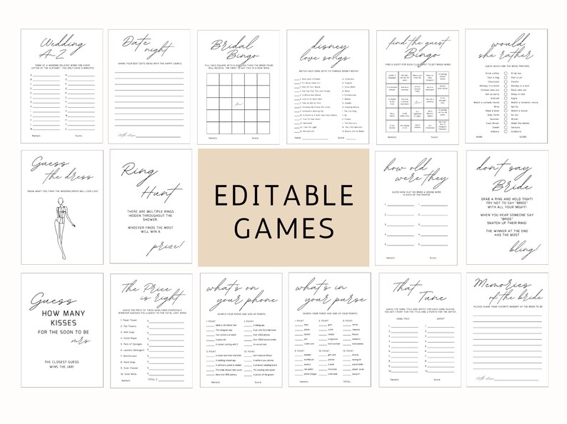 30 Bridal Shower Games, Calligraphy Wedding Shower Games, Printable ...