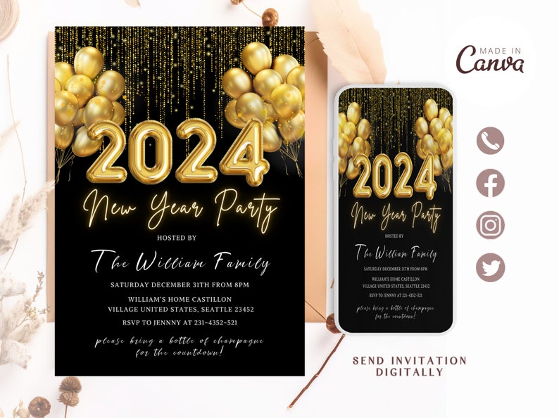 Editable New Years Eve Party Invitation, Gold Glitter New Year Invite ...