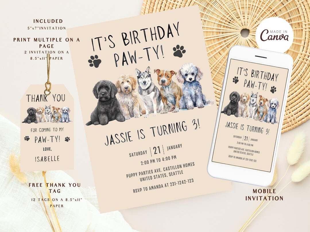 Puppy Birthday Party Invitation Pawty Invites Dog Party Invites Dogs ...