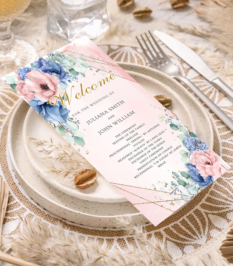 Blush Pink Wedding Program Card Template Floral Wedding - Etsy