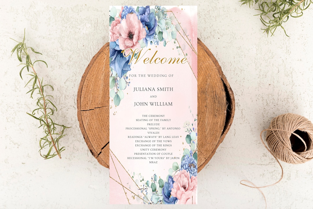 Blush Pink Wedding Program Card Template, Floral Wedding Ceremony ...