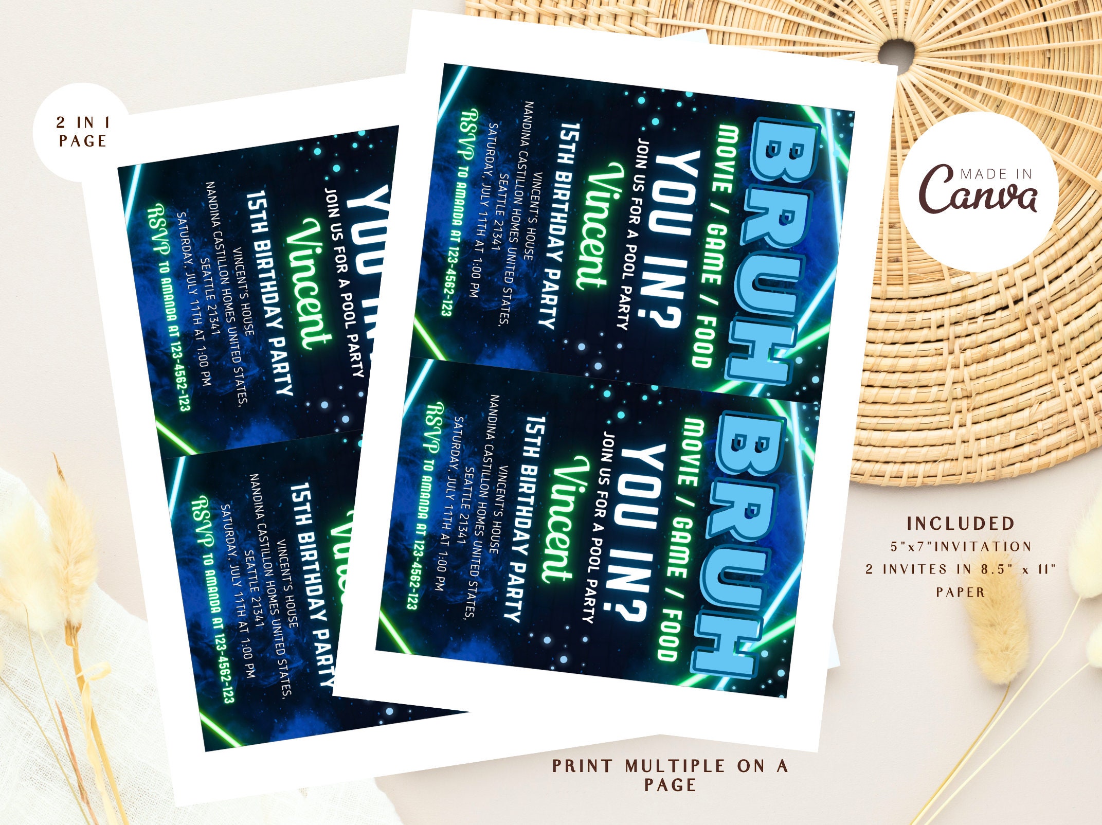 Neon Bruh Birthday Invite, Teenager Birthday, Editable Preteen Birthday ...