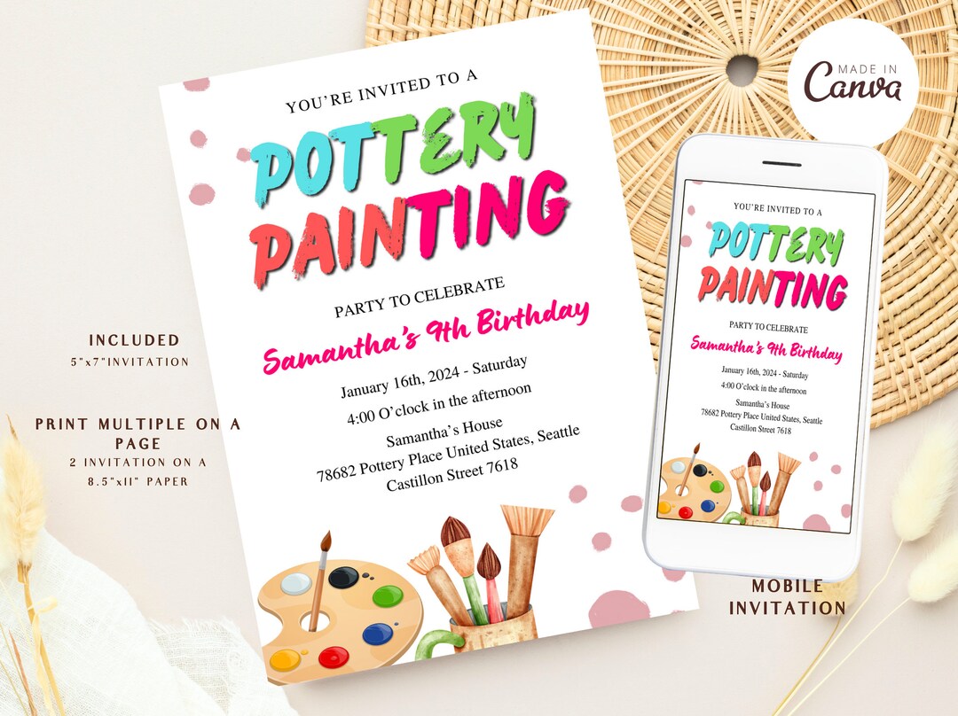 Pottery Painting Birthday Invitation, Party Invite, Painting Birthday ...