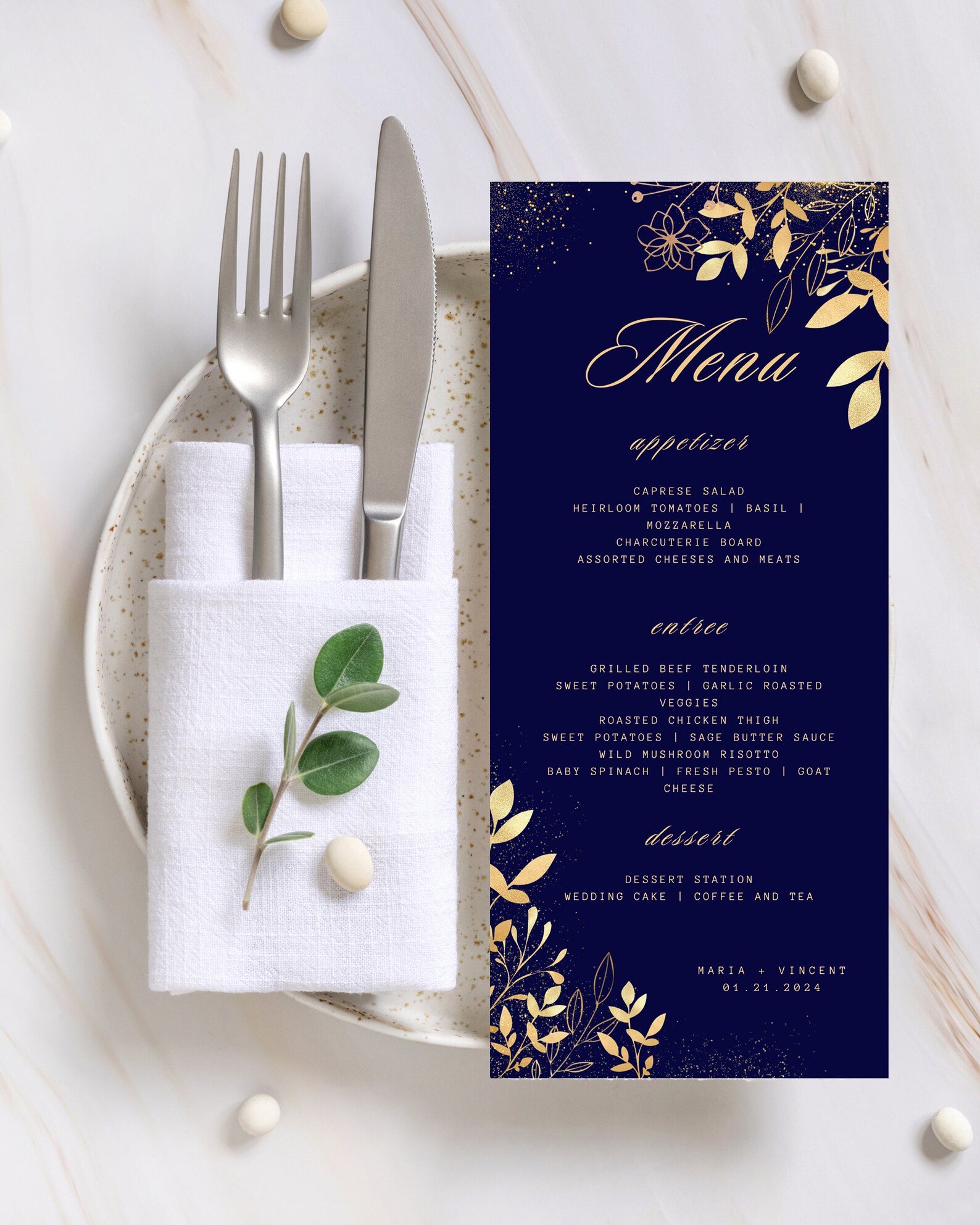 Editable Wedding Menu Template, Navy and Gold Wedding Menu Card, Gold ...