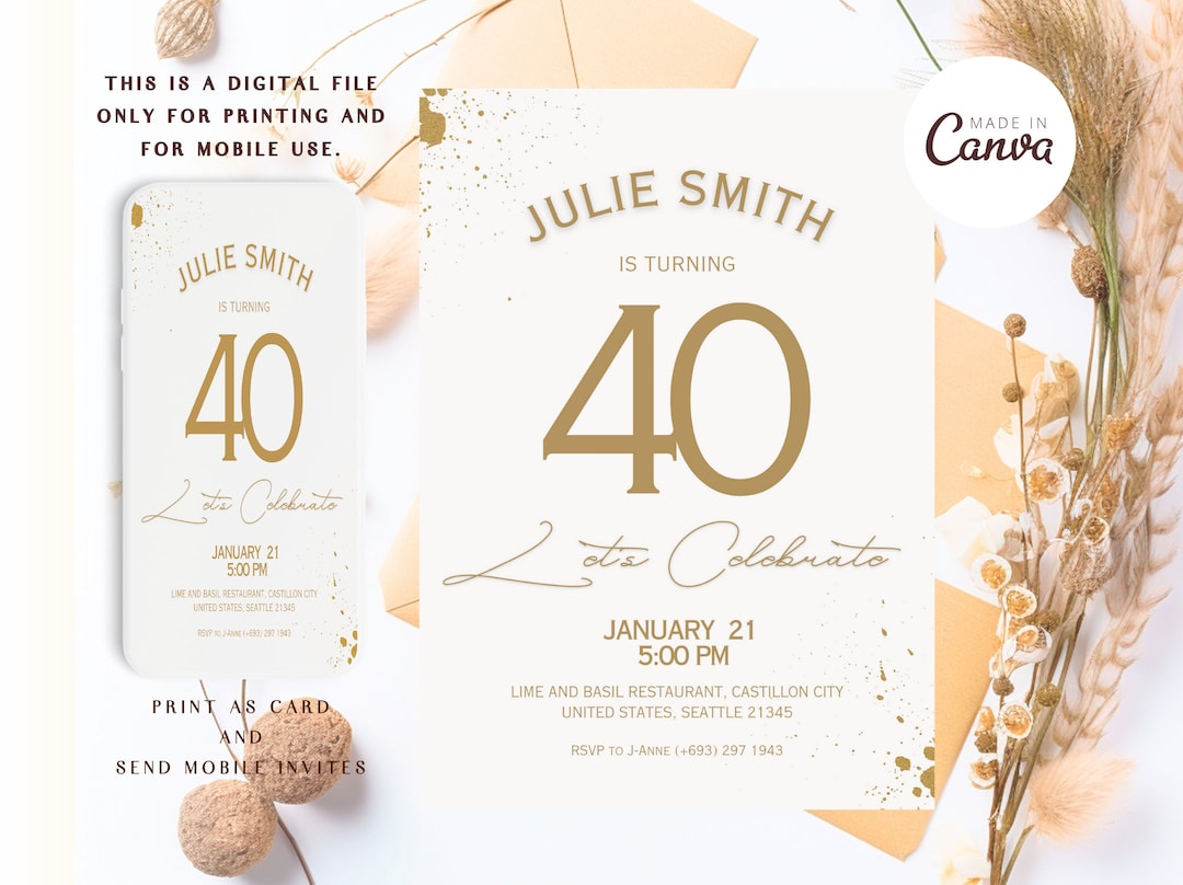 Editable Minimalist 40th Gold and White Birthday Invite, Modern 40th ...