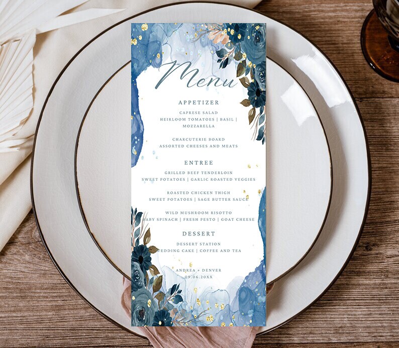 Floral Blue Wedding Menu Template, Floral Wedding Menu Card Template ...