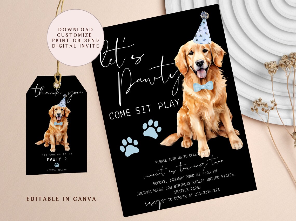 Golden Retriever Birthday Invitation, Dog Birthday Invitation, Puppy ...