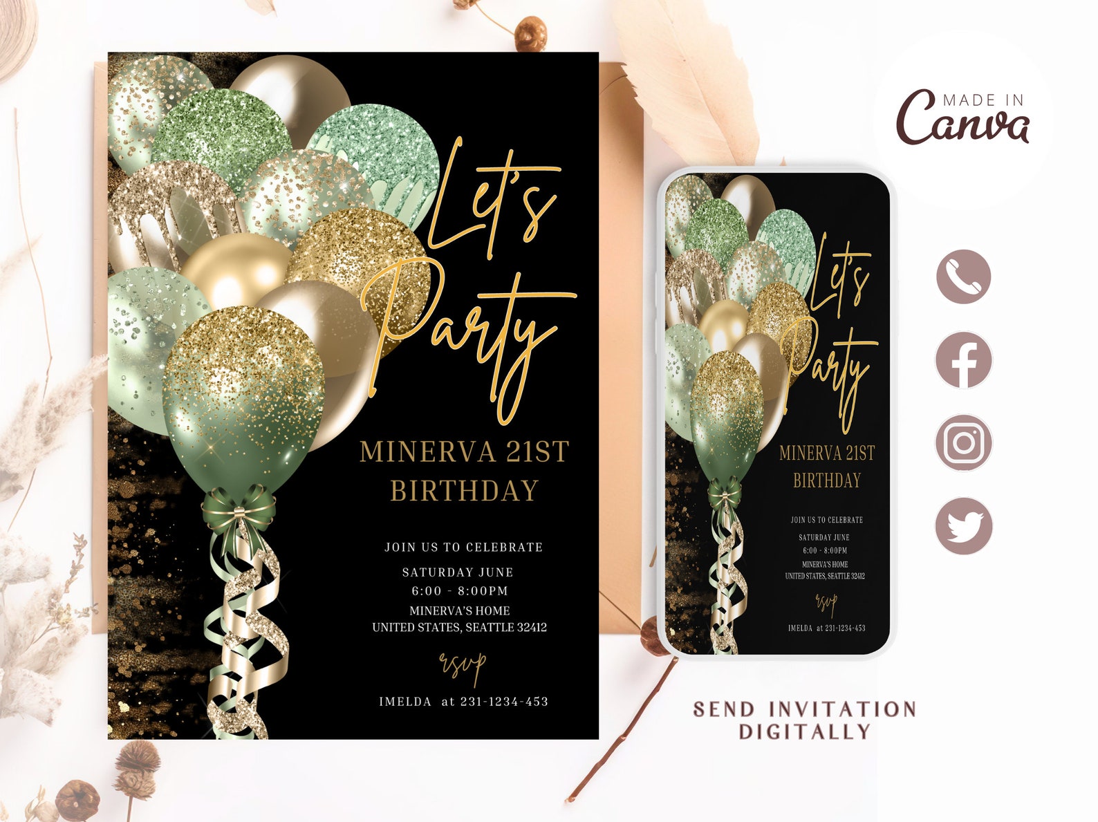 Sage Green Balloons 21st Birthday Party Invite, Balloons Birthday ...