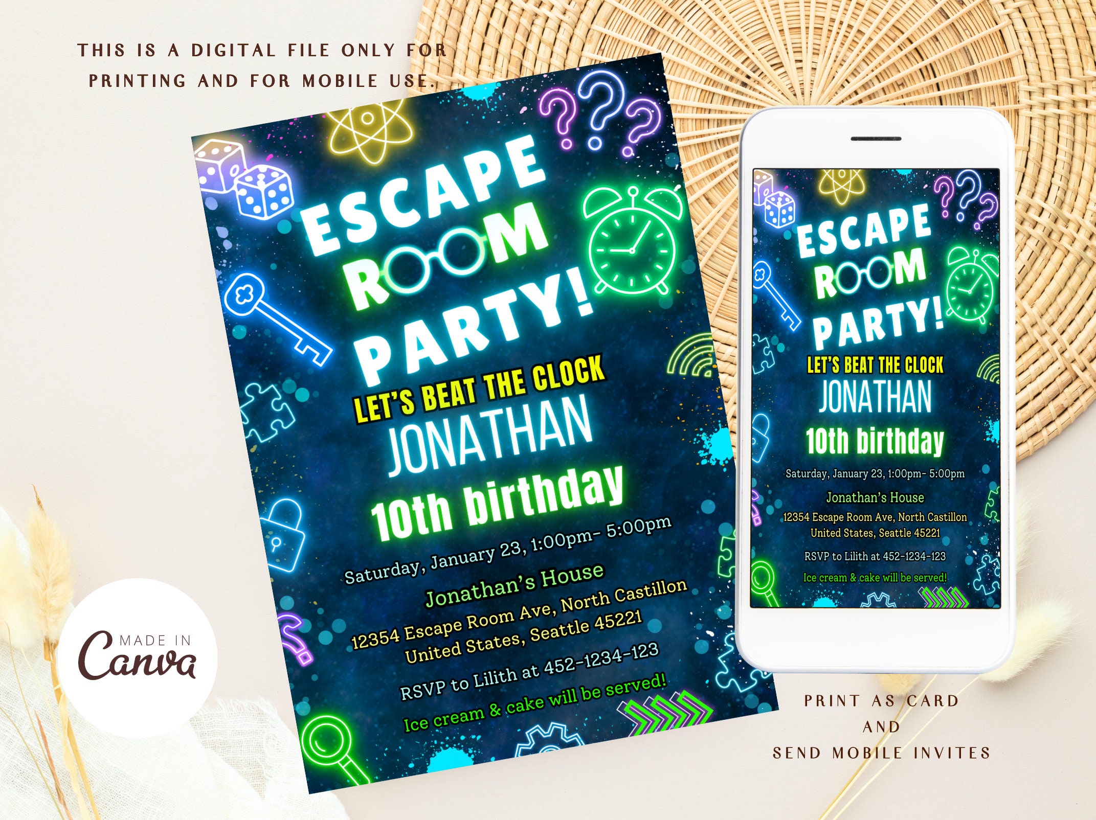 Editable Escape Room Birthday Invitation, Digital Neon Invite, Mystery ...