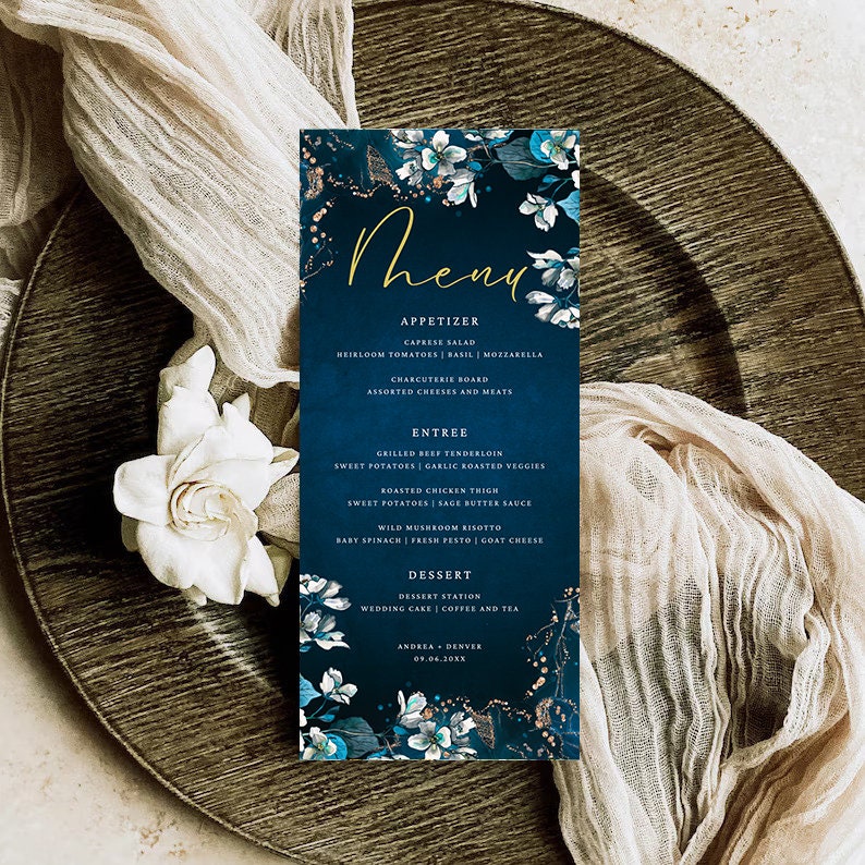 Classy Navy Blue Wedding Menu Template, Classy Wedding Menu Card ...