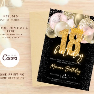 Black and Pink 18th Birthday Invitation, Balloons Eighteen Digital ...