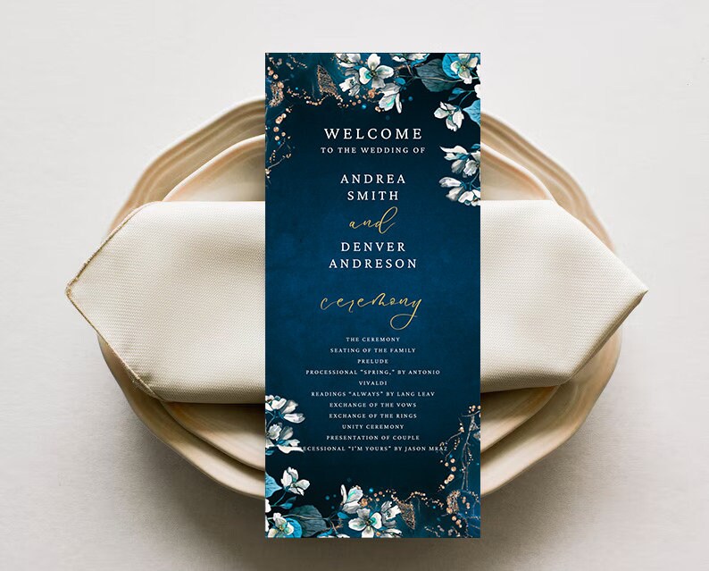 Floral Navy Wedding Program, Order of Events, Navy Blue Wedding ...