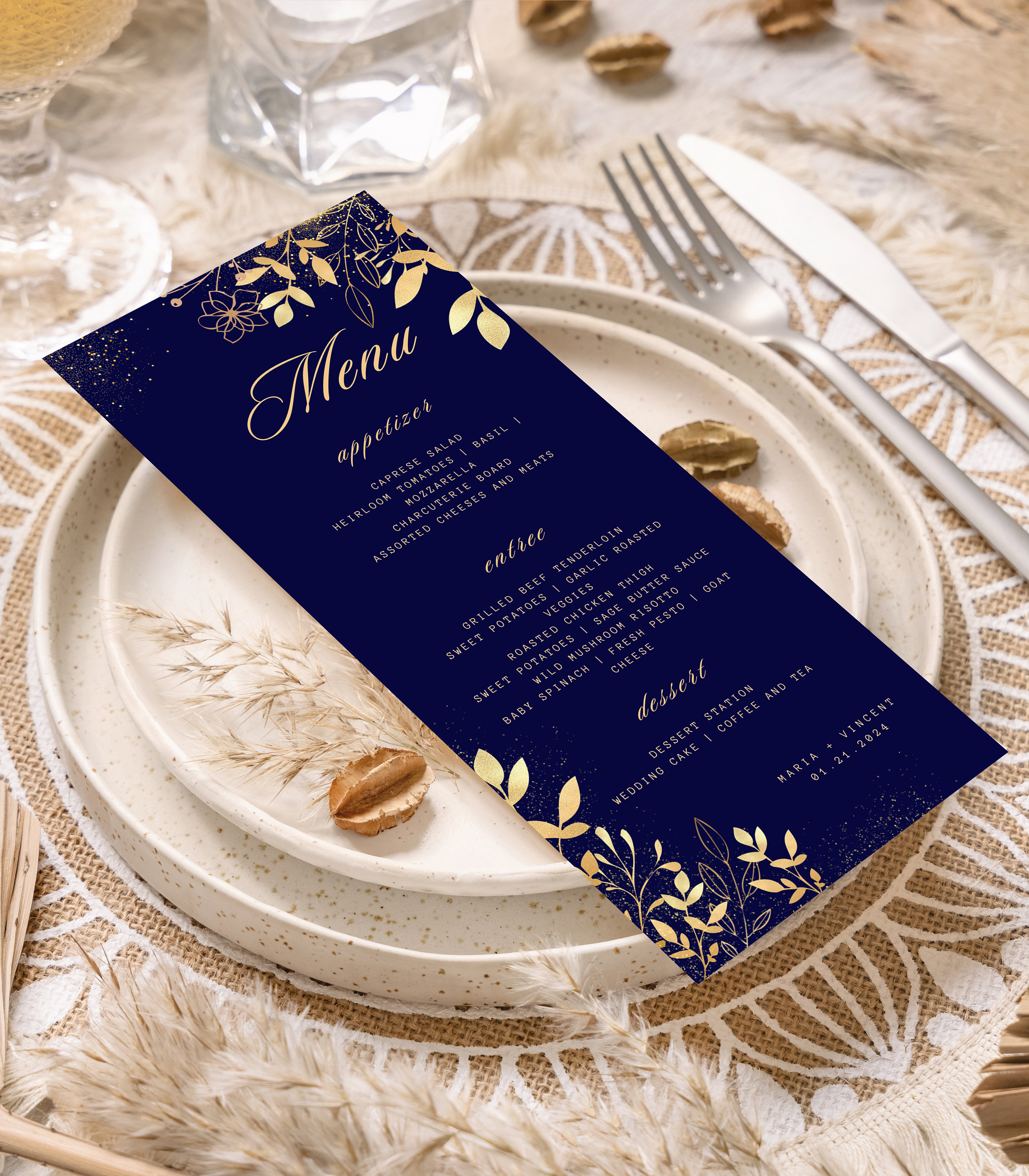 Editable Wedding Menu Template, Navy and Gold Wedding Menu Card, Gold ...