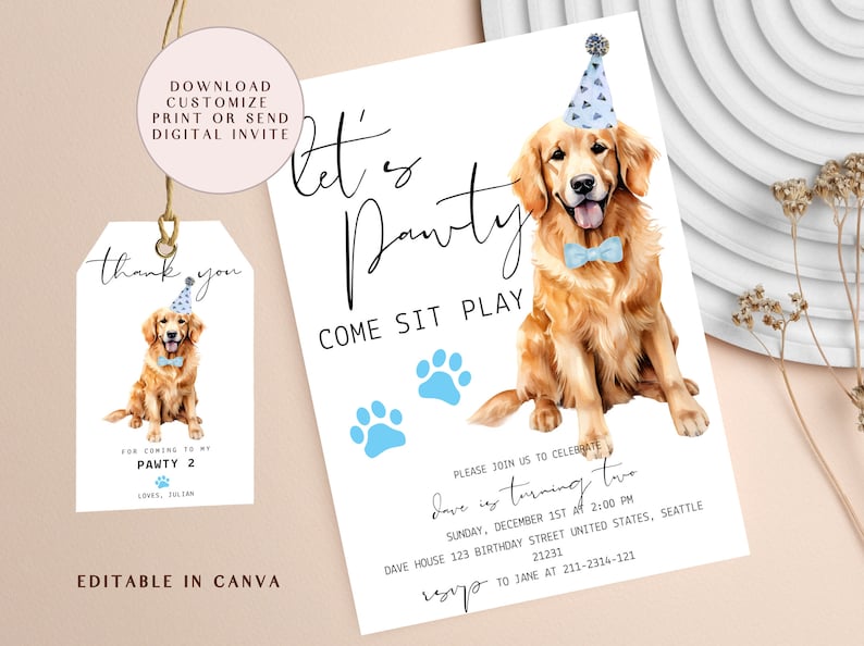 Golden Retriever Party Invitation, Pawty Invitation, Golden Retriever ...