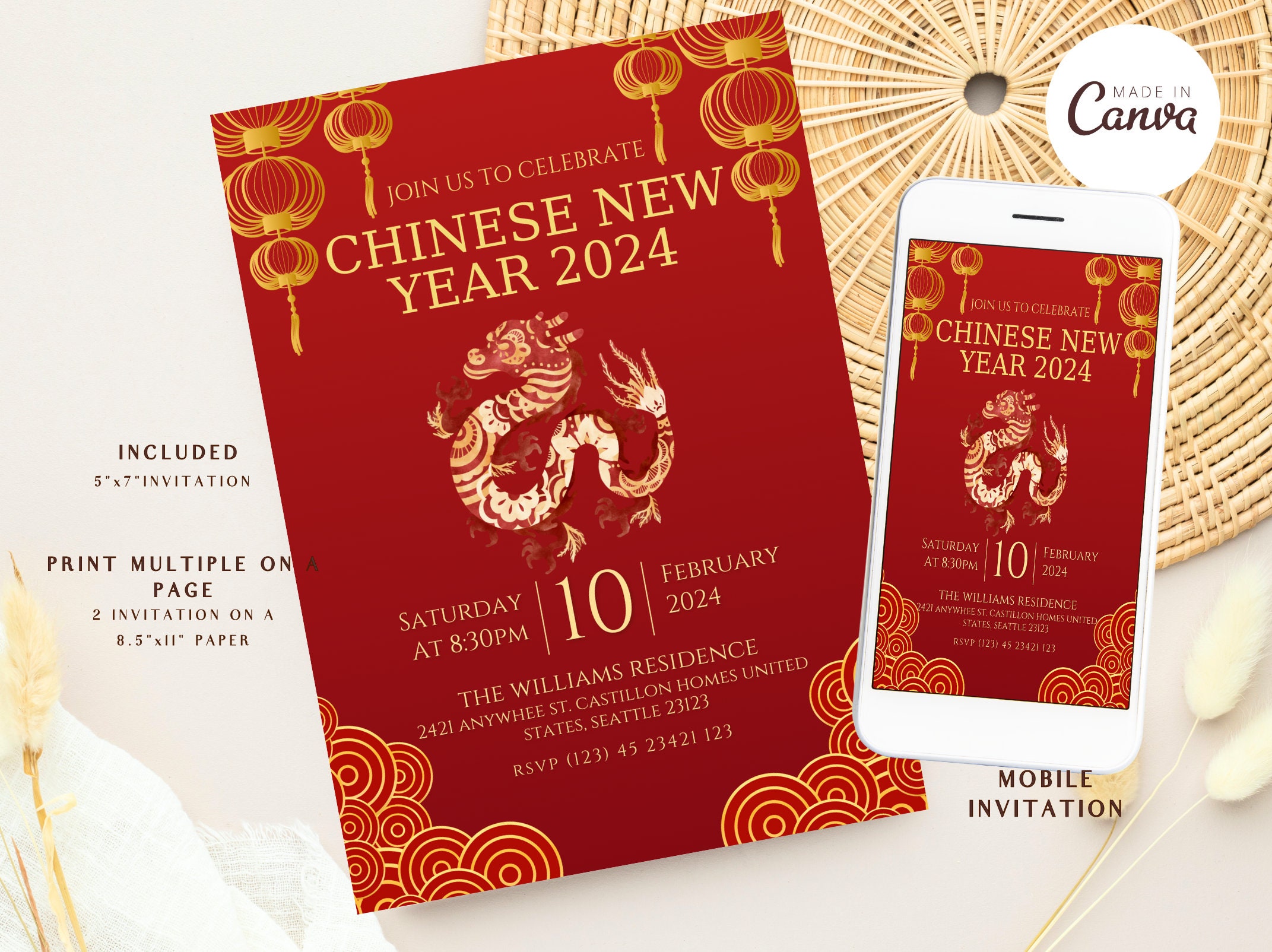 Chinese New Year Party Invitation Template, Year of the Dragon Invite ...