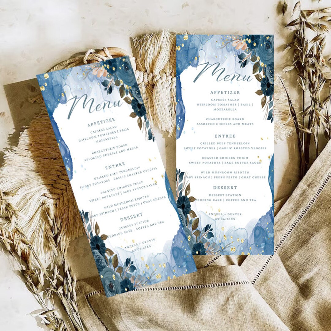 Floral Blue Wedding Menu Template, Floral Wedding Menu Card Template ...