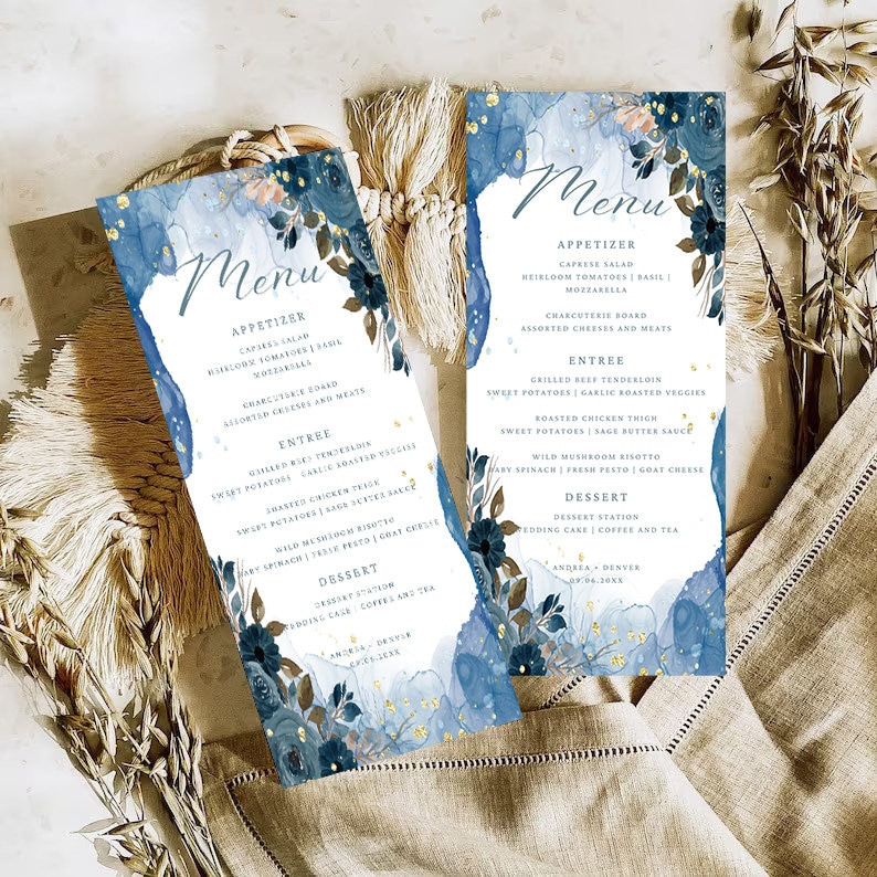 Floral Blue Wedding Menu Template, Floral Wedding Menu Card Template ...