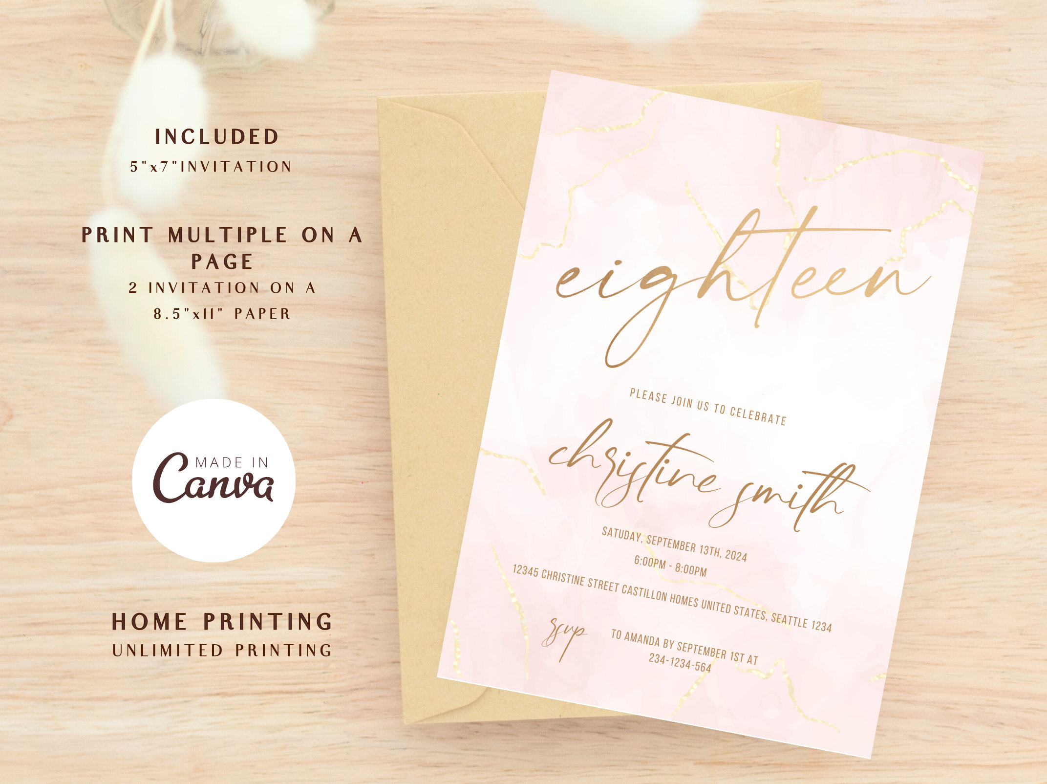 Editable Blush Pink 18th Birthday Party Invitation, Instant Download ...