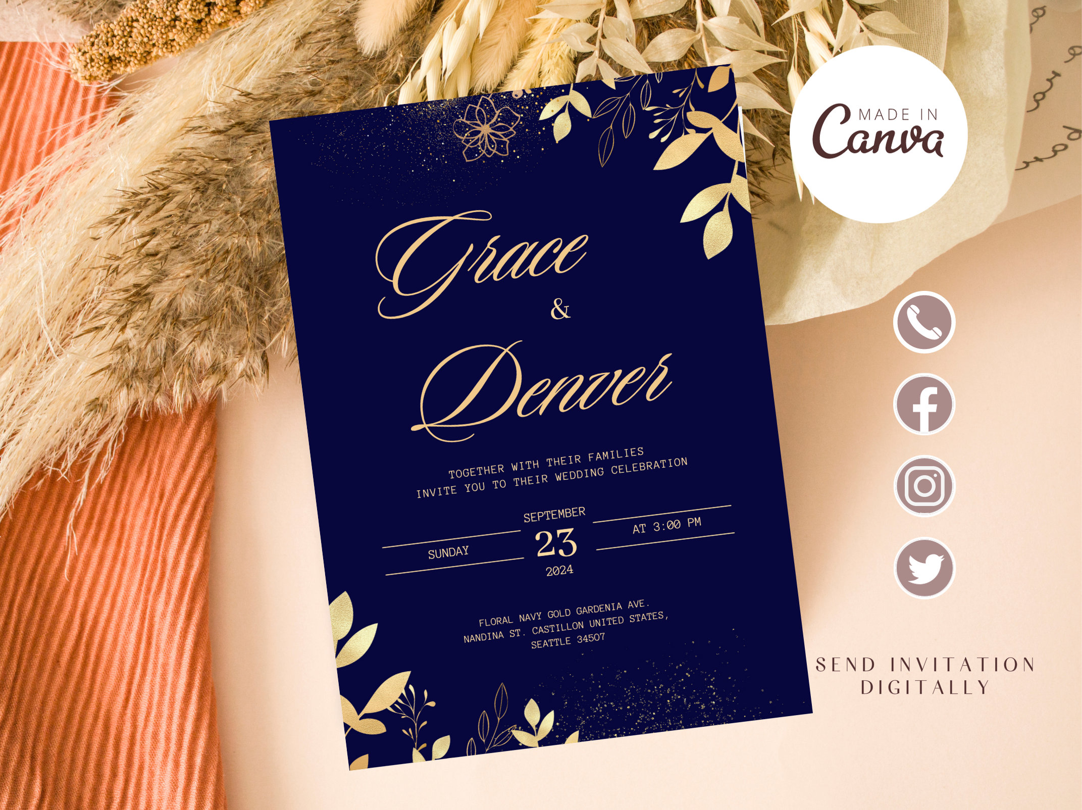Navy Gold Wedding Invitation Template, Wedding Invite Editable Template ...