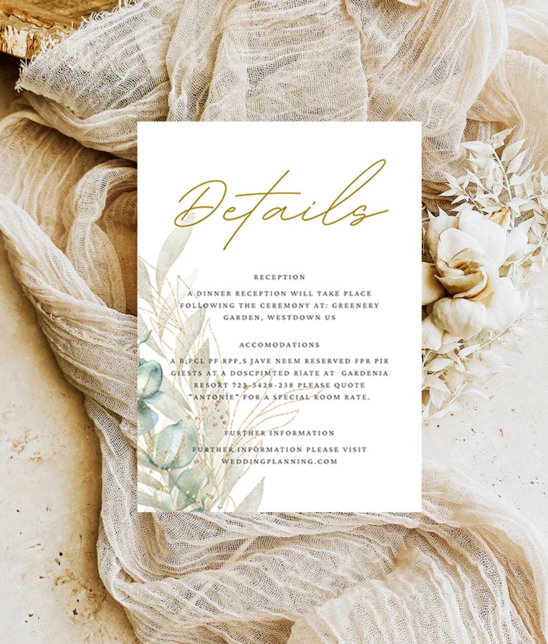 Eucalyptus Wedding Details Card, Garden Wedding, Greenery Wedding ...