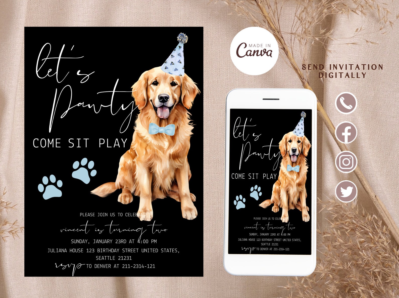Golden Retriever Birthday Invitation, Dog Birthday Invitation, Puppy ...