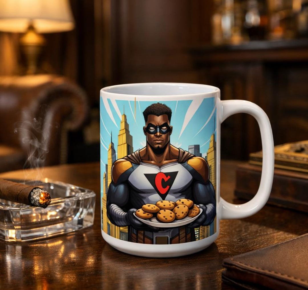 Black Superhero Cookie Mug Funny Coffee Cup Gift for Him 15oz Ceramic ...