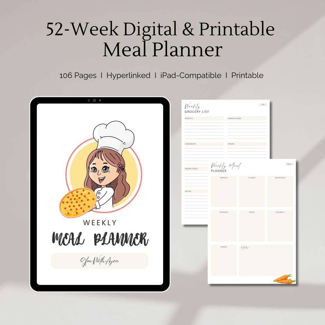52-week Meal Planner: Digital & Printable Grocery List (A4, US Letter ...