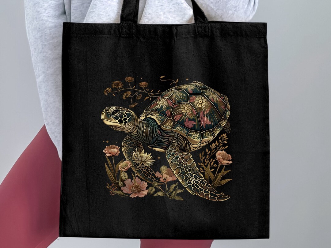 Cottagecore Turtle Tote Bag, Floral Sea Turtle Art, Eco-friendly ...