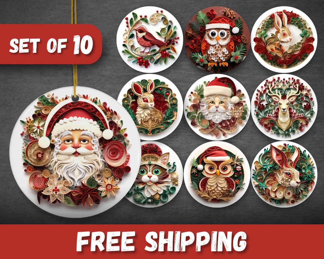 Set of 10 Spectacular 3D Christmas Character Ornaments, One-sided Round ...