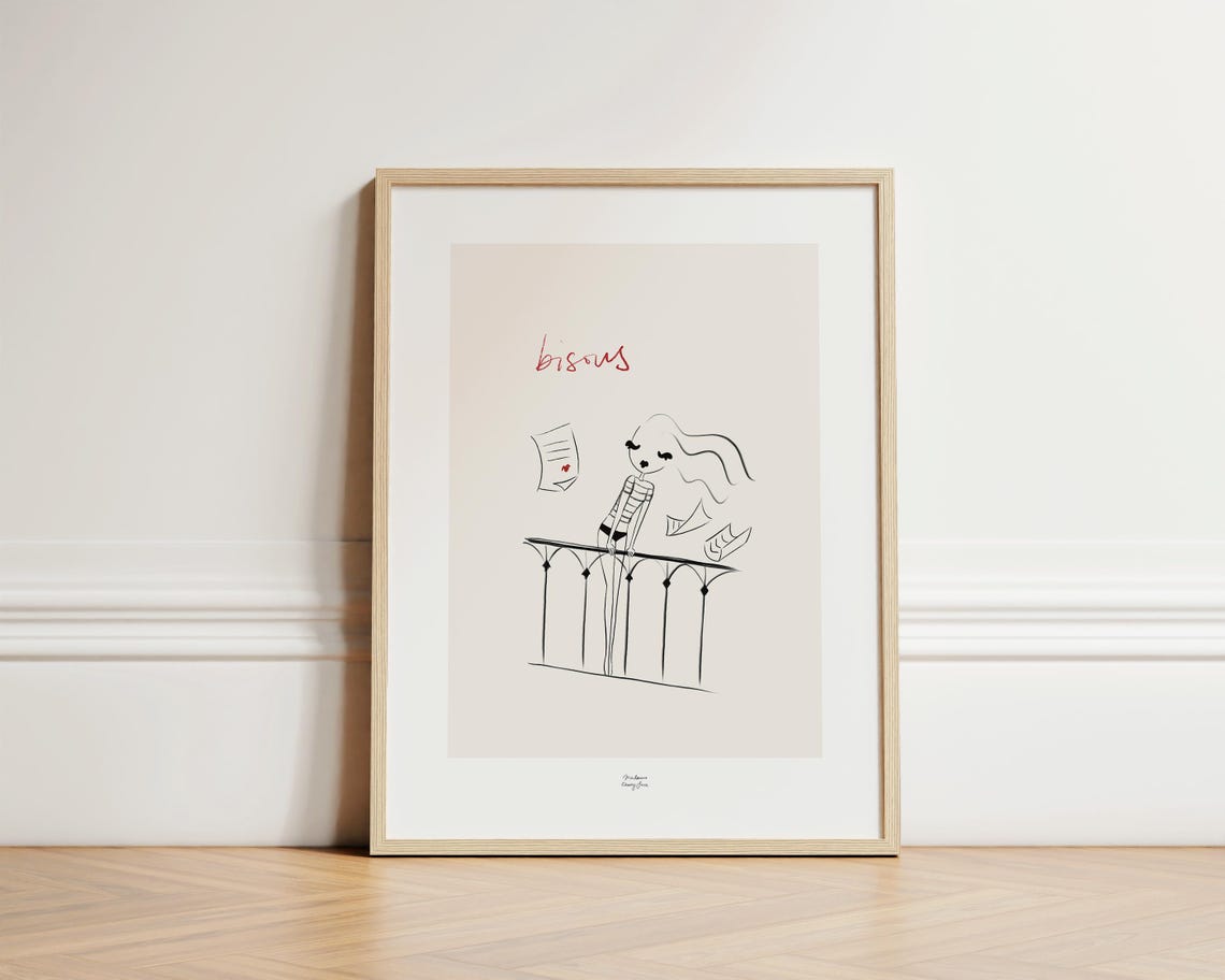 Bisous - Paris Balcony Poster, Feminine Art Print, Paris Illustration ...