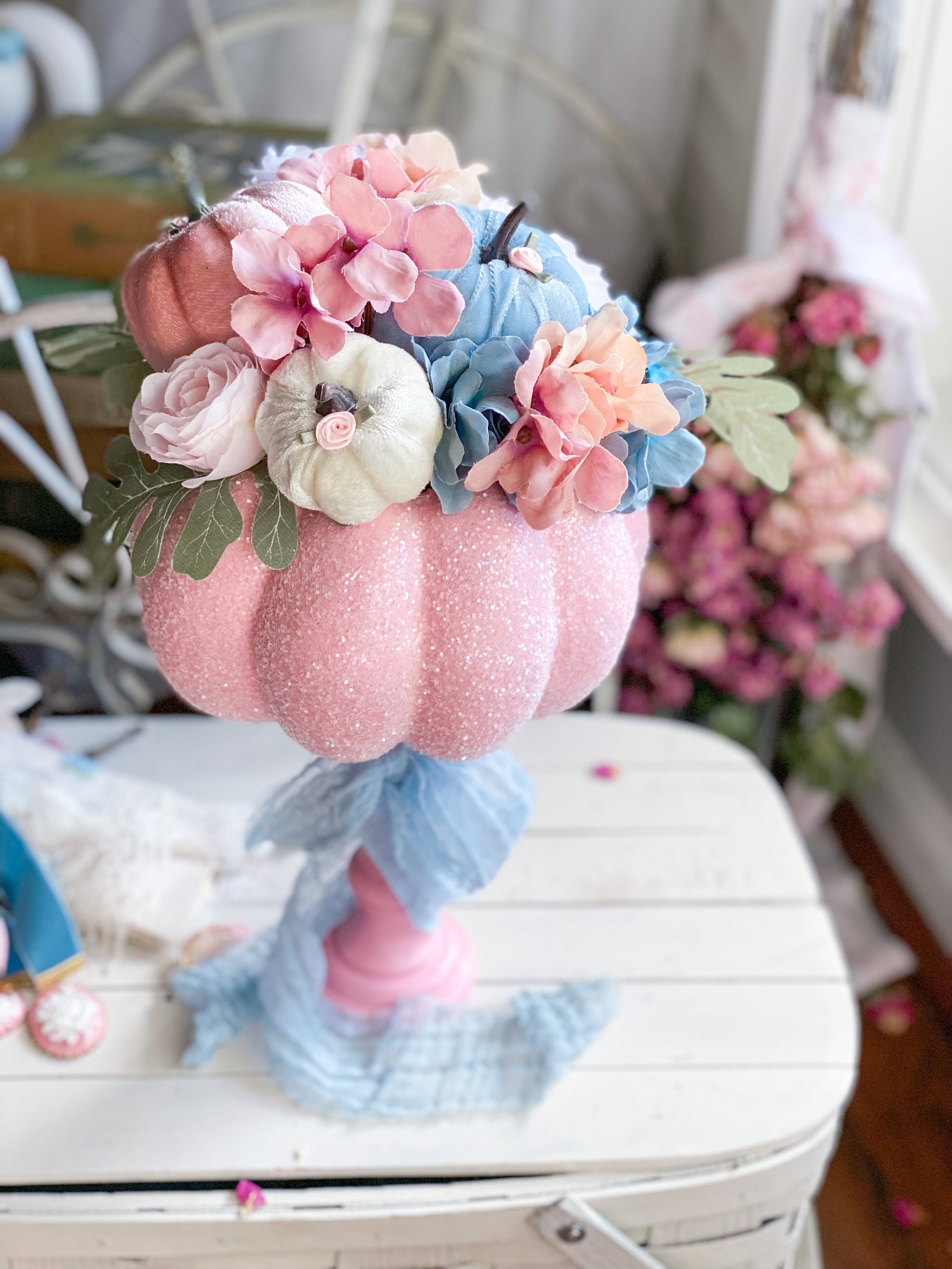 Bespoke Upcycled Pastel Pink Glitter Pumpkin Finial With - Etsy