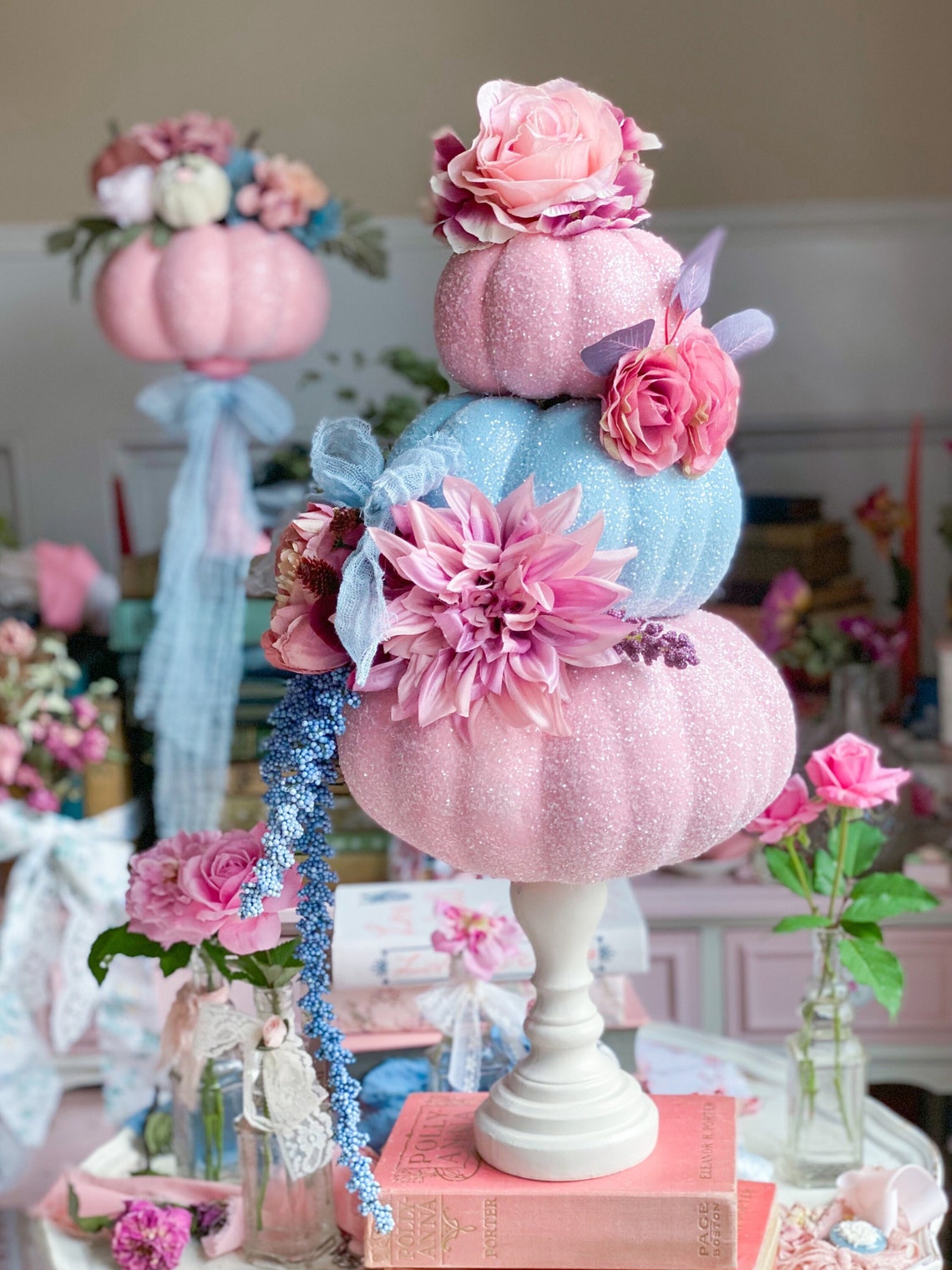 Bespoke Upcycled Pink and Blue 3 Pumpkin Finial - Etsy