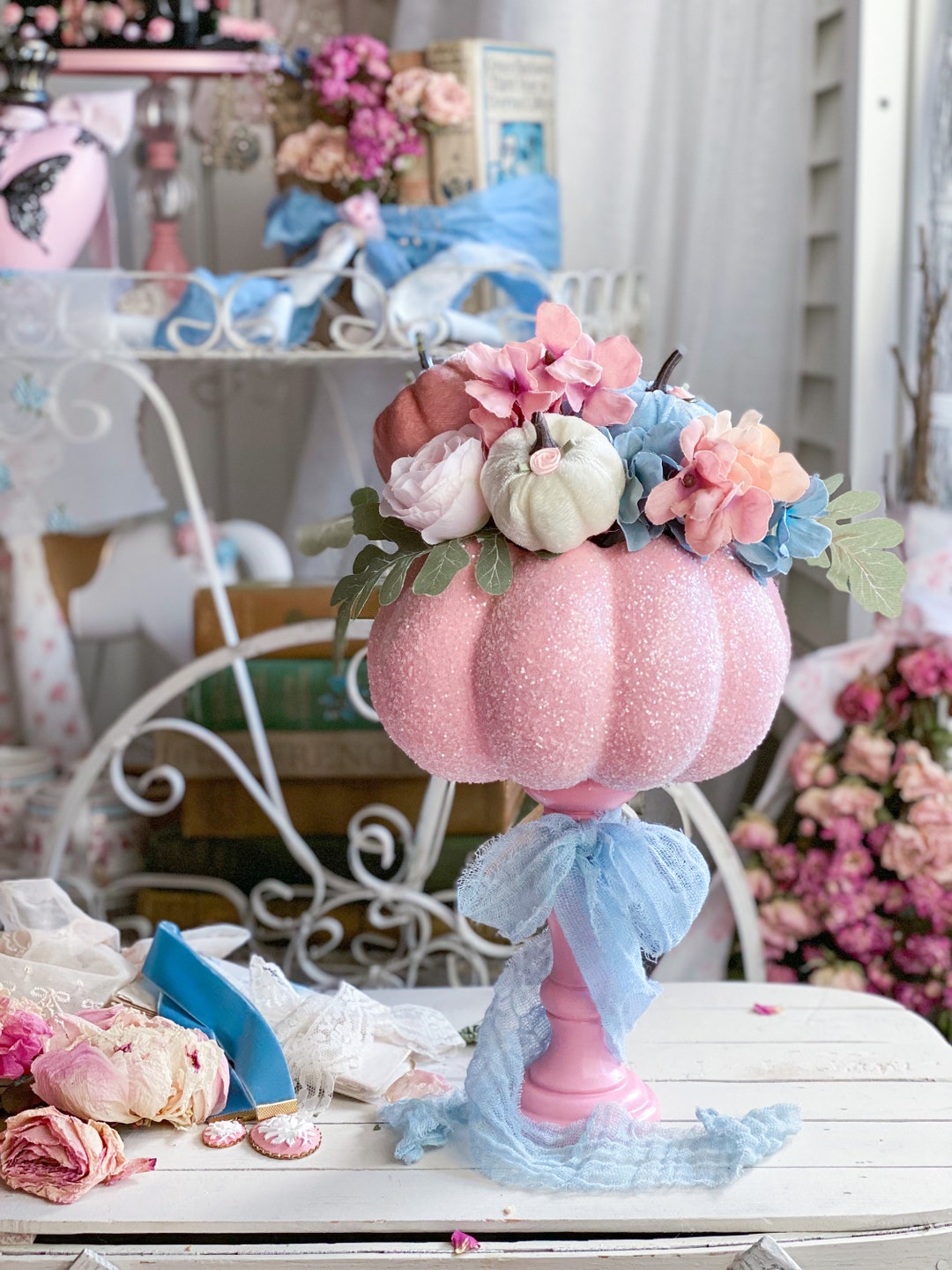 Bespoke Upcycled Pastel Pink Glitter Pumpkin Finial With - Etsy