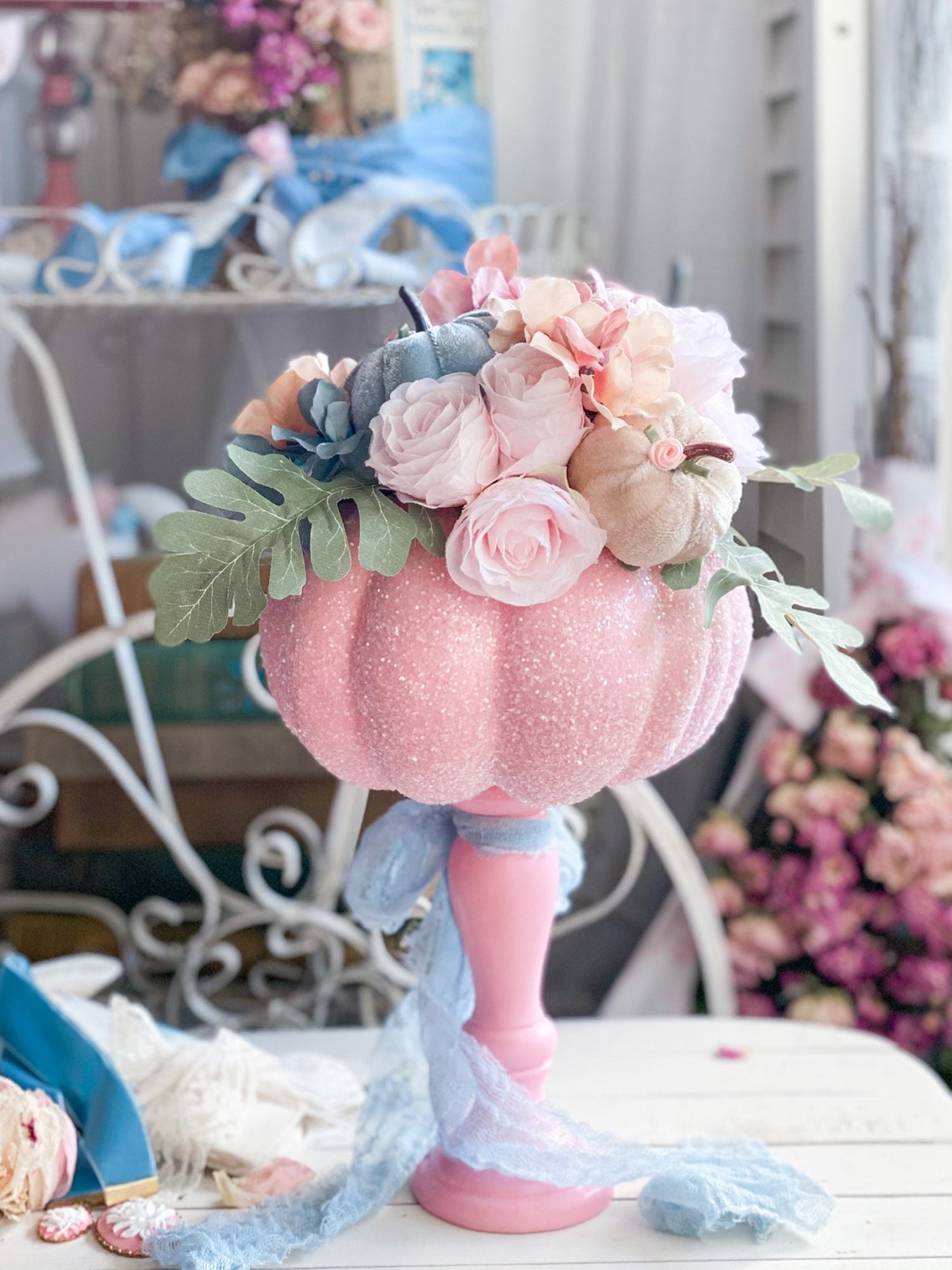 Bespoke Upcycled Pastel Pink Glitter Pumpkin Finial With - Etsy