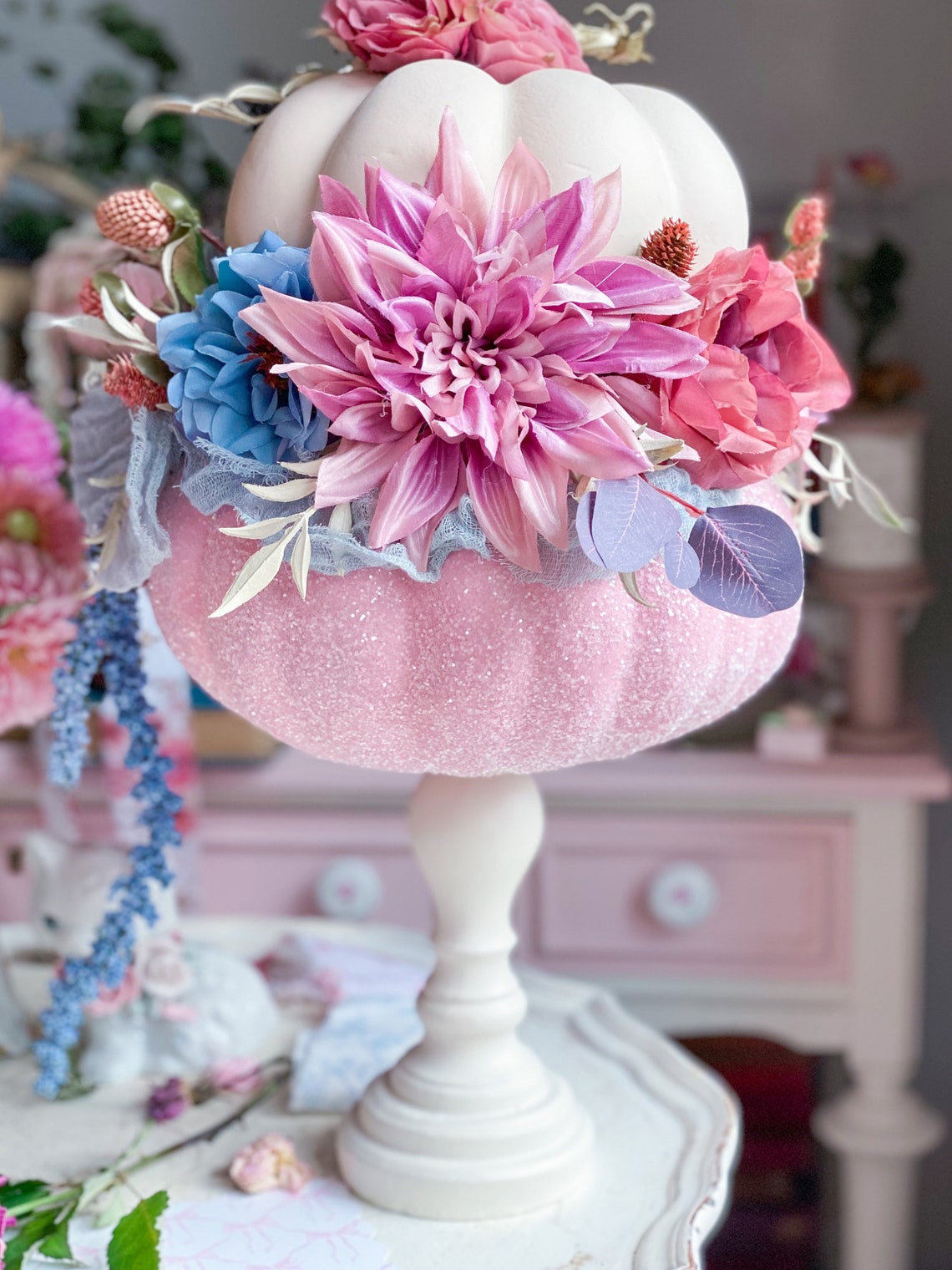 Bespoke Upcycled Cream and Pastel Pink Pumpkin Finial - Etsy